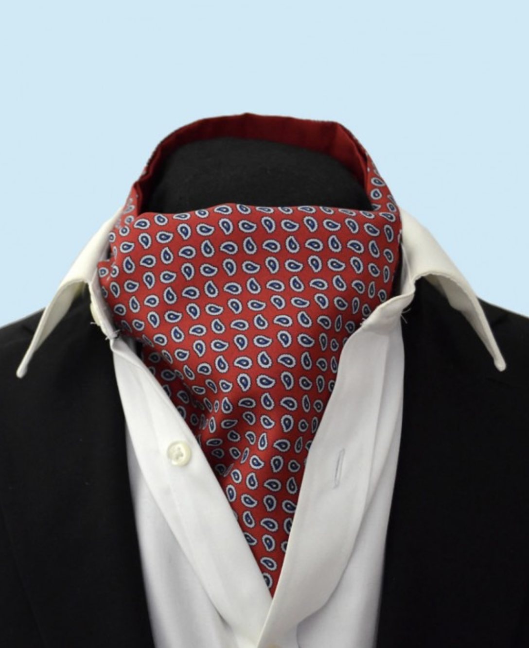 Silk cravat: red with small blue Paisley pine cone pattern - Aidan Sweeney
